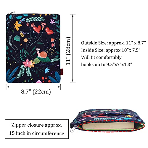 Book Sleeve Cute Snail Black Floral Book Protector Book Sleeves with Zipper, Medium 11 Inch X 8.7 Inch Book Lover Gifts