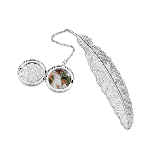 Personalized Master Metal Photo Bookmark Feather Bookmark Custom Picture Locket Pendant for Men Women Readers Book Worms Birthdays Christmas Valentine's Day Memorial Gift Silver 1pc