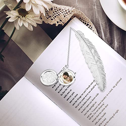 Personalized Master Metal Photo Bookmark Feather Bookmark Custom Picture Locket Pendant for Men Women Readers Book Worms Birthdays Christmas Valentine's Day Memorial Gift Silver 1pc