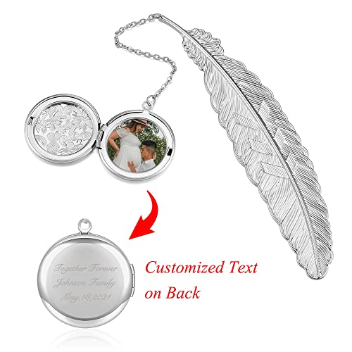 Personalized Master Metal Photo Bookmark Feather Bookmark Custom Picture Locket Pendant for Men Women Readers Book Worms Birthdays Christmas Valentine's Day Memorial Gift Silver 1pc