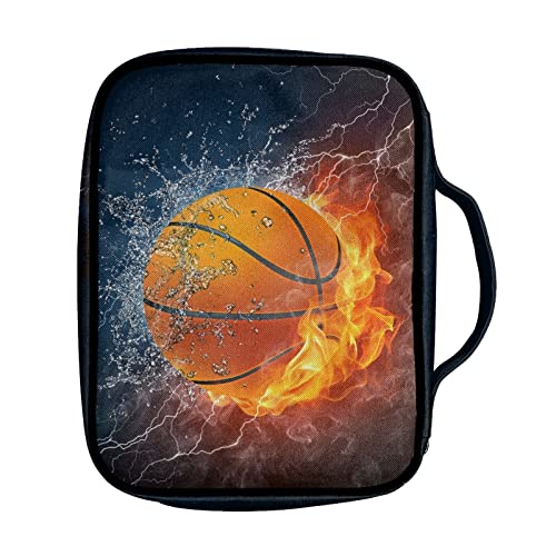 Coldinair Fire Water Basketball Print Bible Case for Men Boys Teens,Bible Cover Bags Carrying Book Case Church Bag Bible Protector with Handle and Zippered Pocket