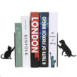 MsFun Dog and Cat Bookends, Metal Black Desktop Books Organizer, Gifts for Book Lovers Dog Lovers Gifts for Women, A Pair