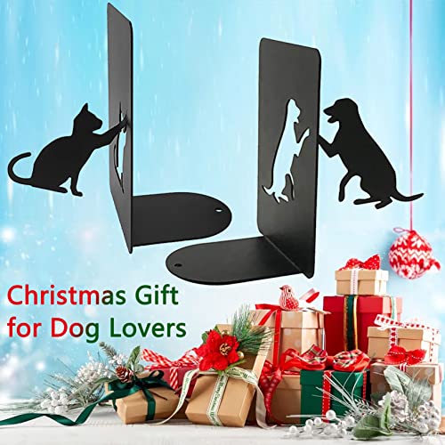 MsFun Dog and Cat Bookends, Metal Black Desktop Books Organizer, Gifts for Book Lovers Dog Lovers Gifts for Women, A Pair