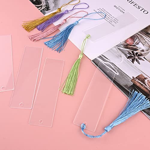 Bekecidi 30 Pcs Blank Acrylic Bookmark Clear Bookmarks with Hole DIY Blank Bookmarks with 30pcs Multicolor Tassel for Readers Teachers Students Birthday Gift (12 x 3.2cm)