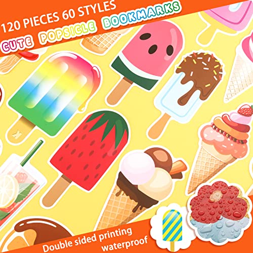 120 Pieces Summer Bookmarks for Kids Summer Ice Cream and Cold Drink Theme Bookmarks Double Sided Bookmarks Cute Colorful Bookmarks for Teachers Classroom Reward Back to School, 60 Styles