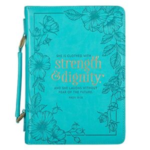 christian art gifts women’s fashion bible cover strength and dignity proverbs 31:25, teal faux leather, xl