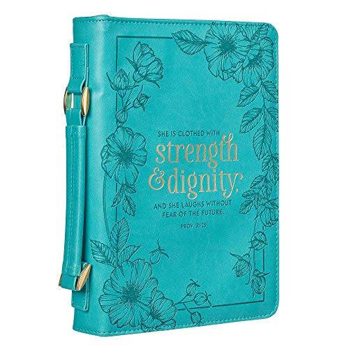 Christian Art Gifts Women's Fashion Bible Cover Strength and Dignity Proverbs 31:25, Teal Faux Leather, XL