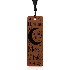 kate posh – i love you to the moon and back engraved rawhide leather bookmark, 3rd anniversary, weddings, valentine’s day, couples in love gifts, husband & wife, boyfriend & girlfriend, book lover