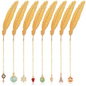 8 pieces metal feather pendant bookmarks 3d gold vintage bookmark shell tower strawberry snowflake pendant bookmarks presents for teens adults friends readers students