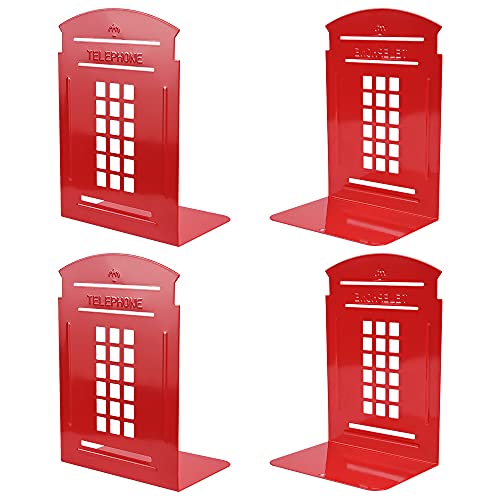 Book Ends, Metal Bookends, Heavy Duty Bookends for Shelves, Decorative Book Shelf Holder for Books, DVD, Video 7.8 x 5.5 x 3.9 inch Telephone Booth London-Red (2 Pair/4 Pieces)