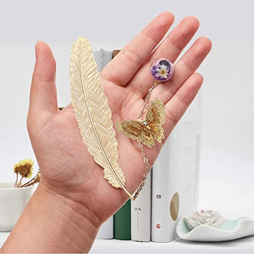 Metal Feather Bookmarks with 3D Butterfly Immortal Flower Pendant, Bookmarks for Women, Kids,Readers,Teachers,Book Lovers,Birthday Gifts