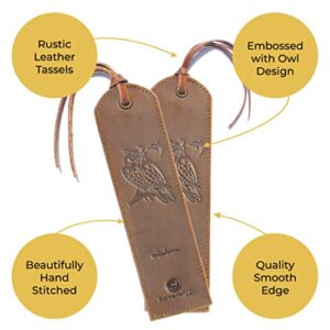 Leather Bookmarks for Men and Women | Quality Mens Bookmark with Wise Owl | 2 Smooth Handmade Leather Book Markers for Men Women Book Lovers Readers (7x2") Leather Gift | Sovereign-Gear