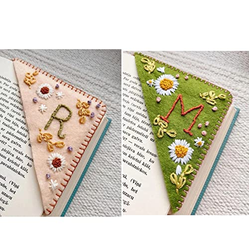 2Pcs Embroidered Corner Bookmark, Stitched Felt Corner Letter Bookmark, Bloomy Line Bookmark, Felt Corner Page Book Marks, Flower Letter Embroidery Bookmarks for Book Lovers(R, M)