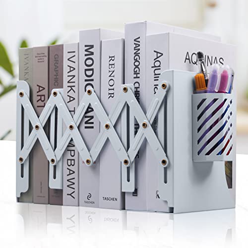 Adjustable Bookends, Metal Bookends for Heavy Books, Shelves, 2 Dividers, Expandable Book Organizer with Pen Holder for Desk, Office (19 inches Max) for 6 7 8 9-15 Boys, Girls, White