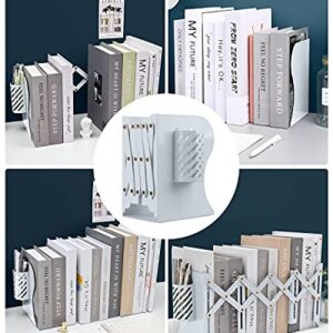 Adjustable Bookends, Metal Bookends for Heavy Books, Shelves, 2 Dividers, Expandable Book Organizer with Pen Holder for Desk, Office (19 inches Max) for 6 7 8 9-15 Boys, Girls, White