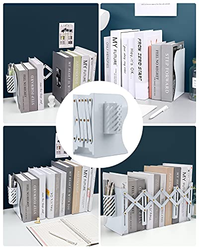 Adjustable Bookends, Metal Bookends for Heavy Books, Shelves, 2 Dividers, Expandable Book Organizer with Pen Holder for Desk, Office (19 inches Max) for 6 7 8 9-15 Boys, Girls, White