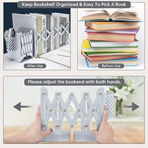 Adjustable Bookends, Metal Bookends for Heavy Books, Shelves, 2 Dividers, Expandable Book Organizer with Pen Holder for Desk, Office (19 inches Max) for 6 7 8 9-15 Boys, Girls, White