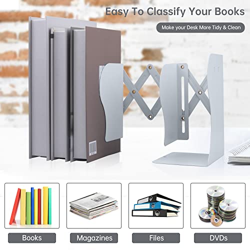 Adjustable Bookends, Metal Bookends for Heavy Books, Shelves, 2 Dividers, Expandable Book Organizer with Pen Holder for Desk, Office (19 inches Max) for 6 7 8 9-15 Boys, Girls, White