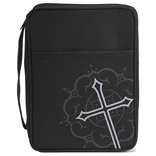 Black Medallion Cross and Pocket Nylon Bible Cover with Handle, Large