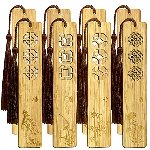 8 Pieces Handmade Bamboo Bookmark Vintage Carving Wooden Bookmark Hollow Blossom Bookmark with Tassel for School Students Teacher Presents Office, 4 Designs