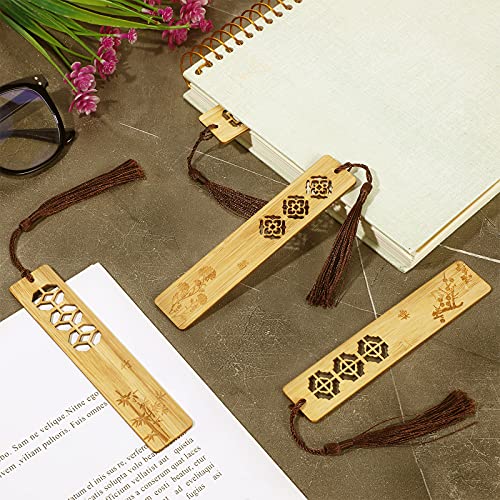 8 Pieces Handmade Bamboo Bookmark Vintage Carving Wooden Bookmark Hollow Blossom Bookmark with Tassel for School Students Teacher Presents Office, 4 Designs