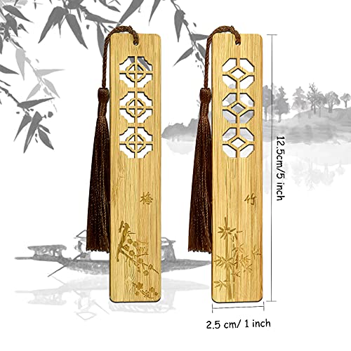 8 Pieces Handmade Bamboo Bookmark Vintage Carving Wooden Bookmark Hollow Blossom Bookmark with Tassel for School Students Teacher Presents Office, 4 Designs