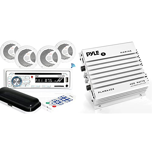 Marine Stereo Receiver Speaker Kit - In-Dash LCD Digital Console Built-in & Remote Control - Pyle PLCDBT85MRW & Hydra Marine Amplifier Upgraded Elite Series 400 Watt 4 Channel Audio Amplifier PLMRA402