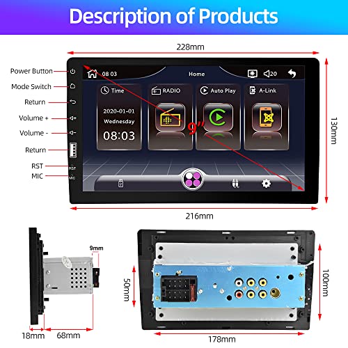 9 Inch Single Din Car Stereo Touchscreen Radio with Apple Carplay, Bluetooth, Android Auto, MirrorLink, Backup Camera, FM/AM Car Radio, USB/SD/AUX-in, Fast Charging, Subwoofer