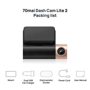 70mai Dash Cam Lite 2, 1080P Full HD Smart Dash Camera for Cars with Superior Night Vision, WDR, Parking Mode, Time-Lapse Mode, Optional GPS, Loop Recording, iOS/Android App Control