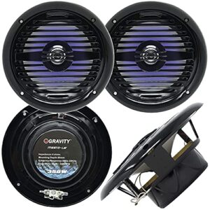 gravity marine speakers – 6.5 inch 2 way waterproof and weather resistant outdoor audio stereo sound system with led lights, 350 watt power and low profile slim style – 1 pair – mg670 (black)