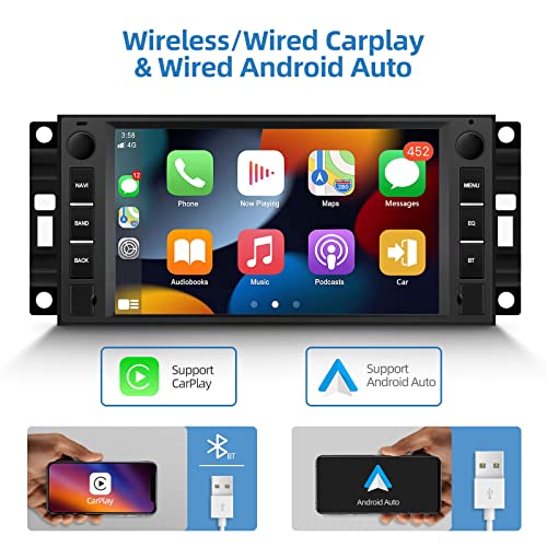 Android Car Stereo for Jeep Wrangler Chrysler 300C Dodge RAM with Apple Carplay and Android Auto, 7 Inch Touch Screen Head Unit with Bluetooth WiFi GPS Mirror Link FM/RDS + Backup Camera