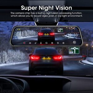 2.5K Voice Control Mirror Dash Cam Rear View Mirror Backup Camera Front and Rear, 10'' Rearview Mirror Backup Camera Dual Full HD Super Night Vision G-Sensor Parking Assistance