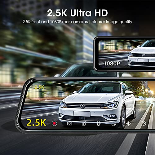 2.5K Voice Control Mirror Dash Cam Rear View Mirror Backup Camera Front and Rear, 10'' Rearview Mirror Backup Camera Dual Full HD Super Night Vision G-Sensor Parking Assistance