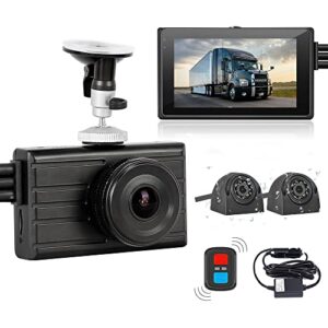 vsysto 3ch truck dash cam, 3″ lcd screen hd 1080p front & 720p sides backup camera, waterproof infrared night vision lens dvr for semi trailer van tractor car vehicle rv, g-sensor loop recording