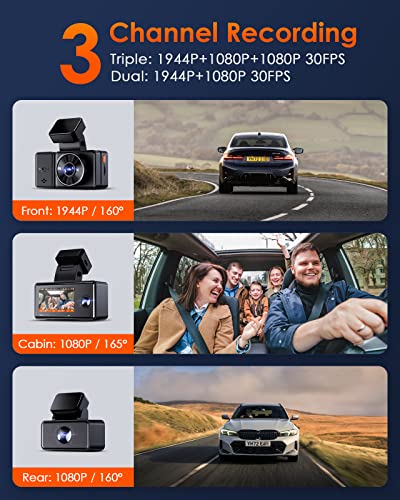 Bundle: Vantrue E3 3 Channel WiFi Dash Cam with GPS Speed, Wireless Remote Controller +256GB microSD Card