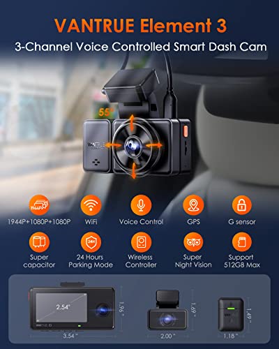 Bundle: Vantrue E3 3 Channel WiFi Dash Cam with GPS Speed, Wireless Remote Controller +256GB microSD Card