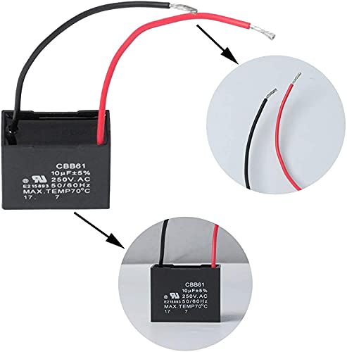 Wadoy CBB61 Fan Capacitor 2 Wire 10uf, 2 Pack Celiling Fan Capacitor 250V