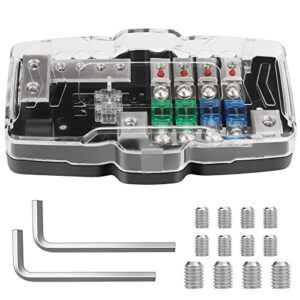 power distribution block, fused power distribution block car audio 4 way midi(mini-anl) fuse block, support 12v input 0-4 gauge & output 4-8 gauge with ground for auto utv boat stereo amp