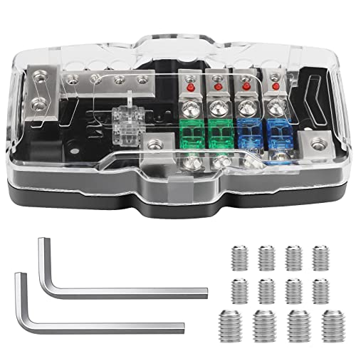 Power Distribution Block, Fused Power Distribution Block Car Audio 4 Way MIDI(Mini-ANL) Fuse Block, Support 12V Input 0-4 Gauge & Output 4-8 Gauge with Ground for Auto UTV Boat Stereo Amp