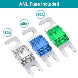 Power Distribution Block, Fused Power Distribution Block Car Audio 4 Way MIDI(Mini-ANL) Fuse Block, Support 12V Input 0-4 Gauge & Output 4-8 Gauge with Ground for Auto UTV Boat Stereo Amp