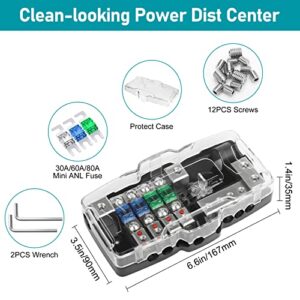 Power Distribution Block, Fused Power Distribution Block Car Audio 4 Way MIDI(Mini-ANL) Fuse Block, Support 12V Input 0-4 Gauge & Output 4-8 Gauge with Ground for Auto UTV Boat Stereo Amp