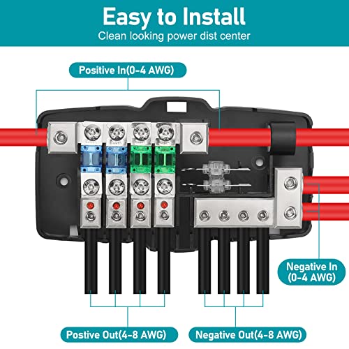 Power Distribution Block, Fused Power Distribution Block Car Audio 4 Way MIDI(Mini-ANL) Fuse Block, Support 12V Input 0-4 Gauge & Output 4-8 Gauge with Ground for Auto UTV Boat Stereo Amp