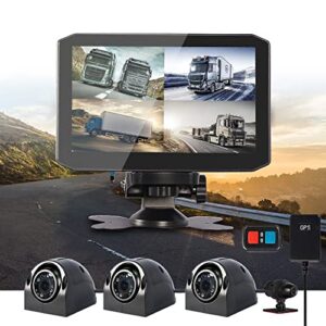 vsysto 4ch truck dash cam, 7” monitor 4 split screen gps hd1080p front & sides & rear backup camera for semi trailer truck van tractor rv, infrared night vision lens, g-sensor, loop recording