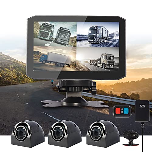 VSYSTO 4CH Truck Dash Cam, 7'' Monitor 4 Split Screen GPS HD1080P Front & Sides & Rear Backup Camera for Semi Trailer Truck Van Tractor RV, Infrared Night Vision Lens, G-Sensor, Loop Recording