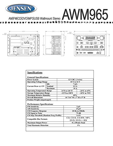 Jensen AWM965 AM/FM|CD|DVD|MP3/USB Wallmount Stereo with DVD Player, Front USB Supports MP3, WMA, JPEG Formats, Remote Control Included, 12 Volt (Renewed)