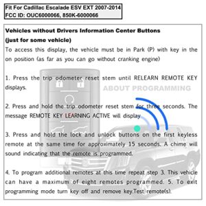 FCC ID: OUC6000066, 315 MHz 6 Buttons Compatible with Cadillac Escalade ESV EXT 2007-2014/Smart Keyless Entry Remote Fob (Pack of 1)