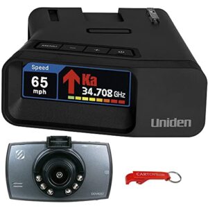 uniden r7 extreme long range laser/radar detector and scosche 1080p dash cam bundle. radar w/built-in gps, real-time alerts, dual antennas, front/rear & directional arrows, red light camera alerts