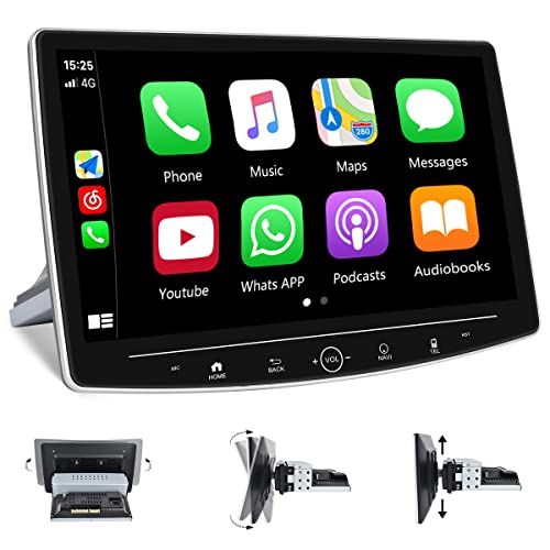 Hikity Android 11 Single Din Car Stereo 10.1" Angle Adjustable Touchscreen Car Radio, Wireless Apple Carplay Android Auto, Support GPS/WiFi/HiFi/Bluetooth Call Music/FM/SWC/Backup Camera