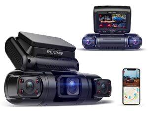 rexing s3 3-channel dash cam front, cabin, sides 1080p+1080p+1080p, 3” lcd, gps, infrared night vision, parking monitor, wifi,app, 170°angle, loop recording, side coverage, support up to 256gb