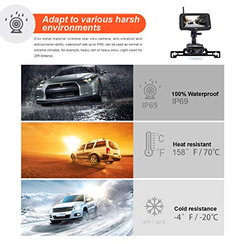 Wireless Backup Camera System, IP69 Waterproof Wireless License Plate Rear View Camera, Night Vision and 4.3 inch Wireless Monitor for Trailer, RV, Trucks, Pickup Trucks, Cargo Vans, etc